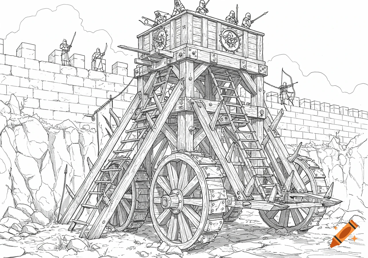 Black and white drawing of a medieval siege tower with soldiers attacking a castle wall. on Craiyon