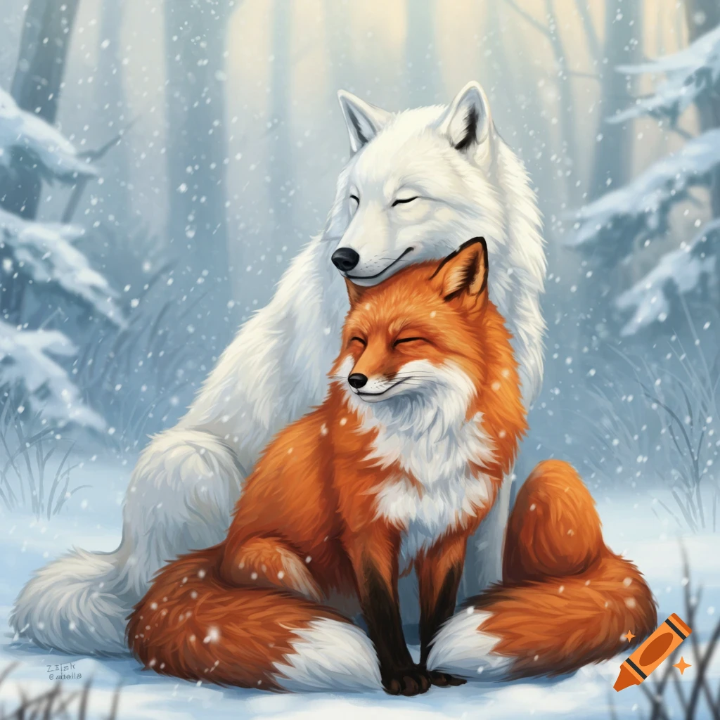 A white wolf and a red fox cuddle closely in a snowy forest with ...