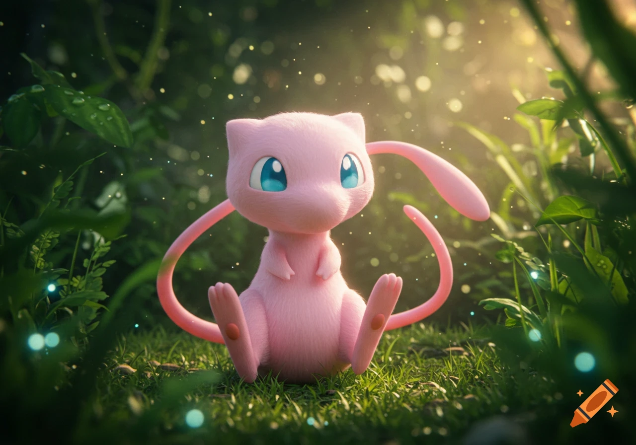A cute, hyper-realistic Charmander with large eyes sits in a lush green ...