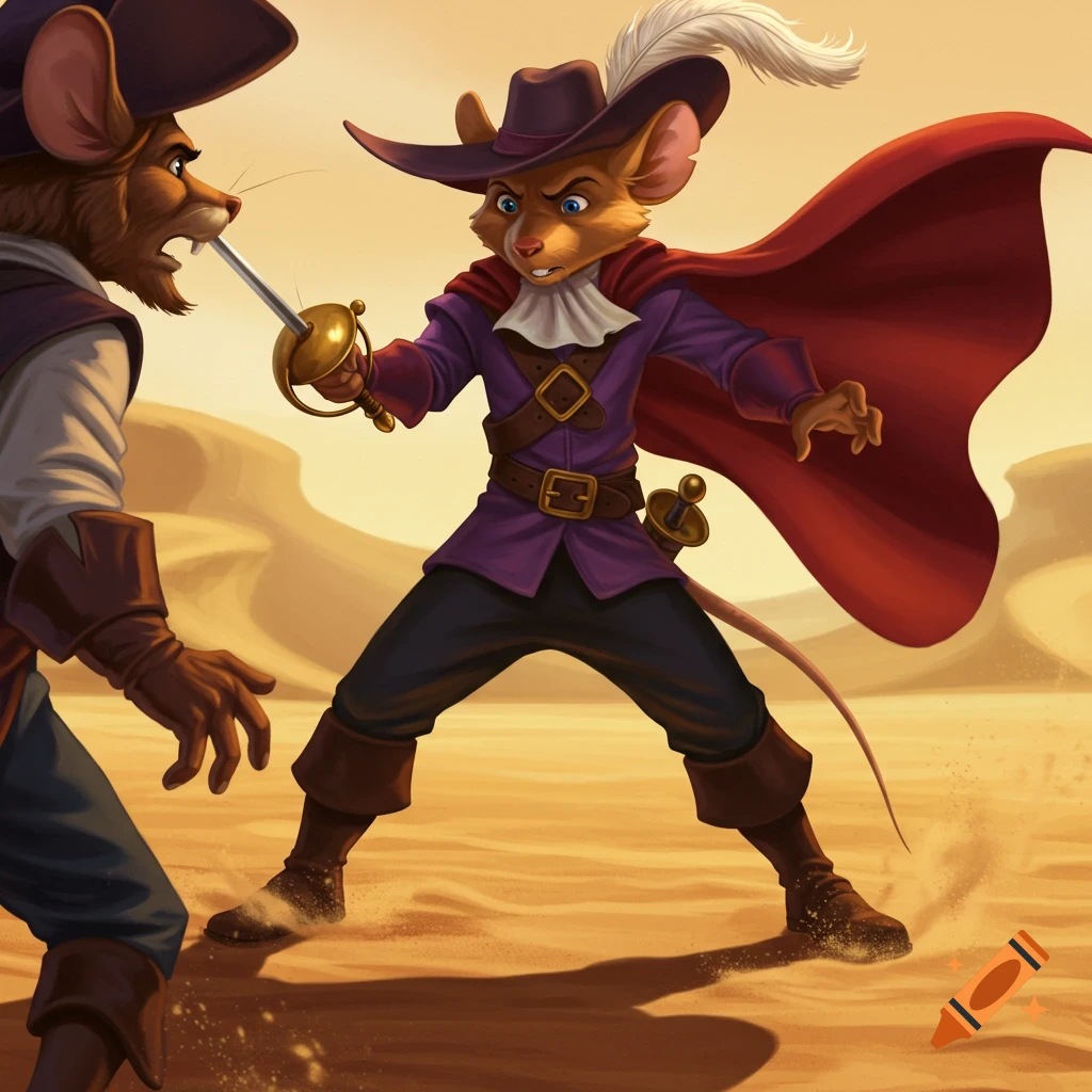 A cartoon image of a musketeer mouse sword fighting a pirate mouse in a ...