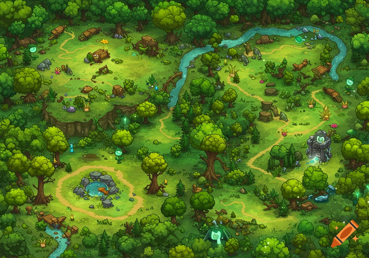 Top-down pixel art map of an enchanted forest with winding paths ...