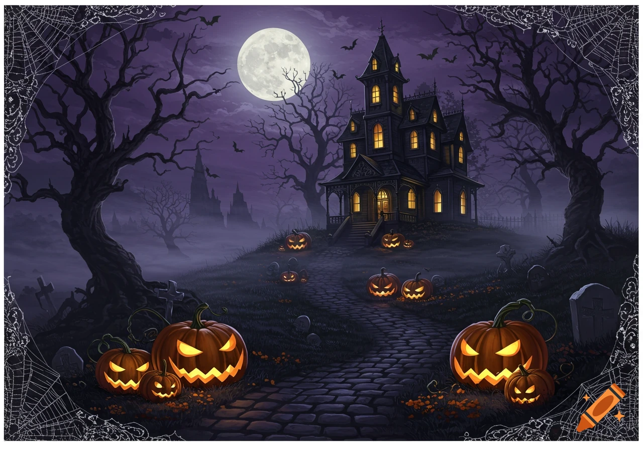 A dark, mystical Halloween night scene with a haunted Victorian mansion ...