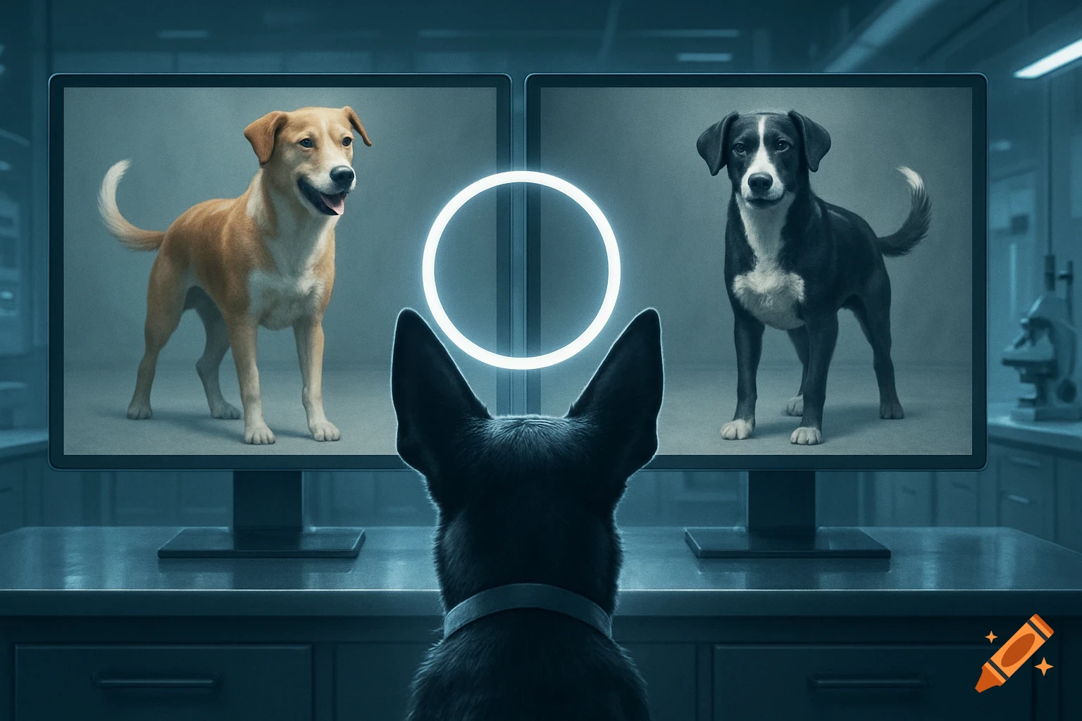 Four dogs of different breeds and colors sit in a row as a hand holds a ...