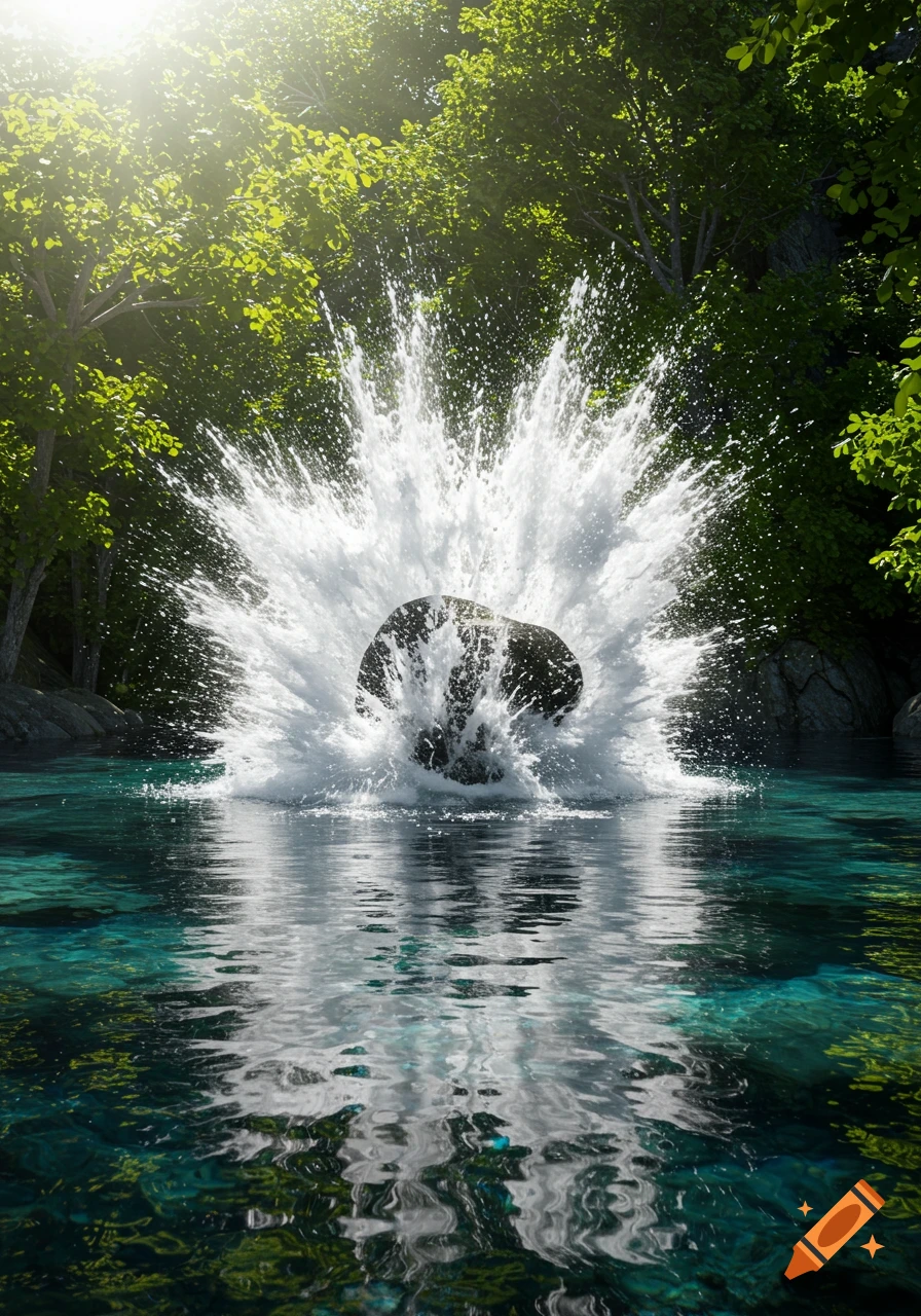 A large dark boulder crashes into clear blue-green water, creating a ...