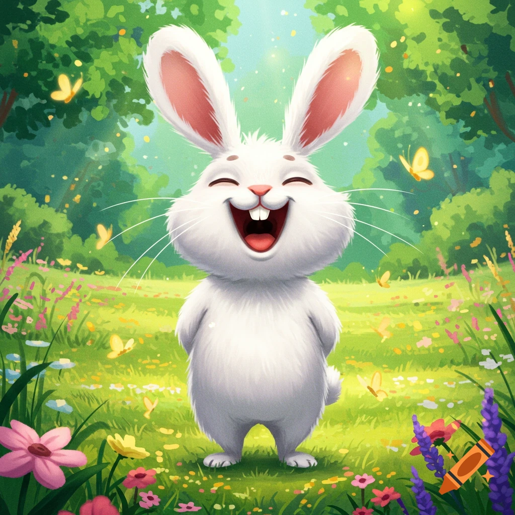 A cute, fluffy white cartoon rabbit with a wide-open laughing mouth ...
