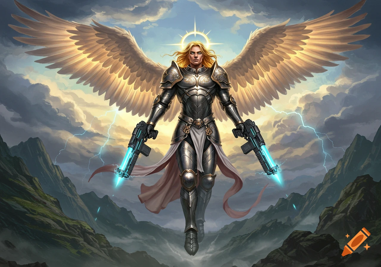 White-haired male fantasy hero in silver armor with large condor wings ...