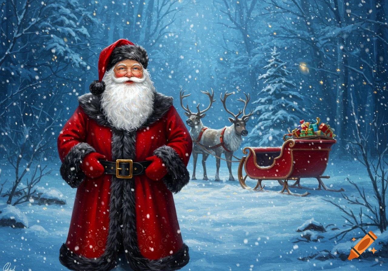 Vampire Santa Claus in a red suit and black cape stands in a snowy ...