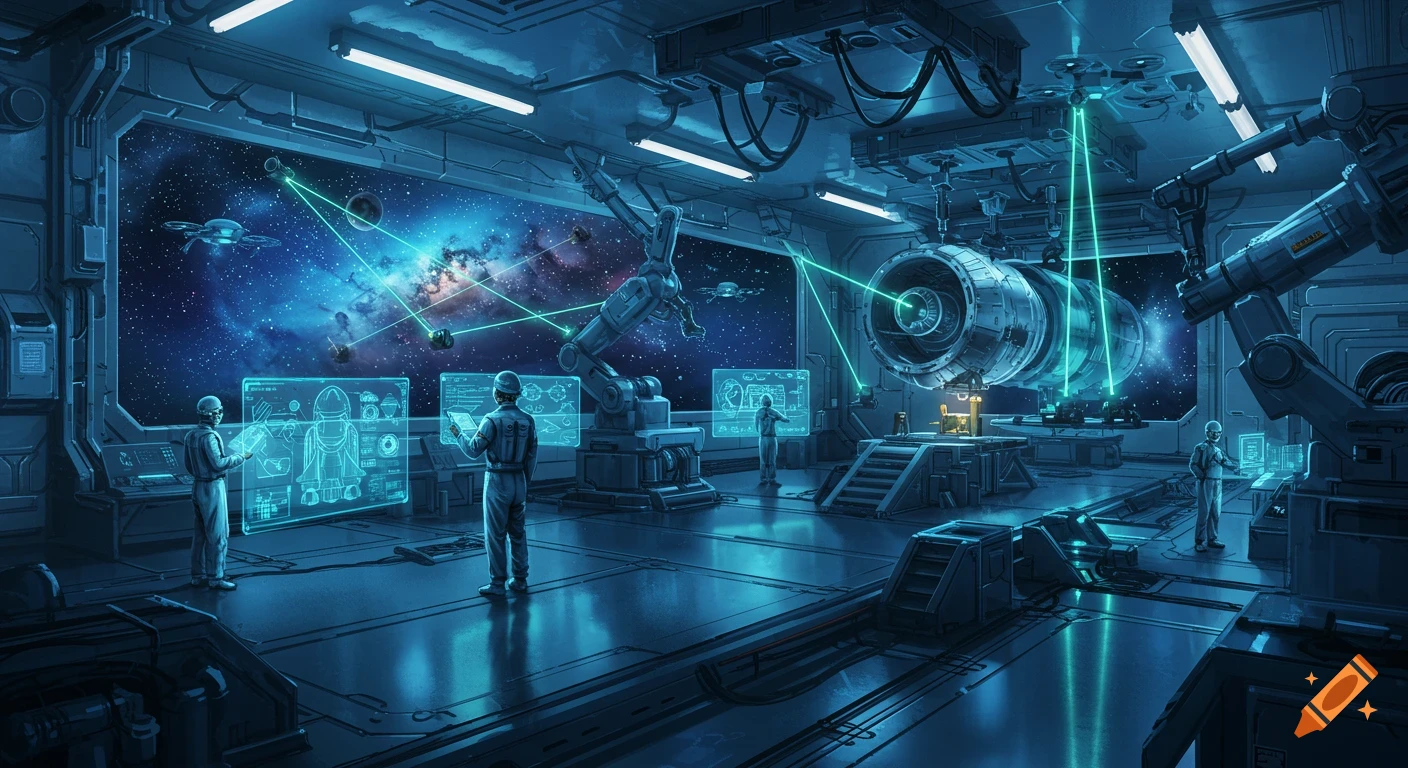 Scientists in a futuristic space lab with holographic displays ...