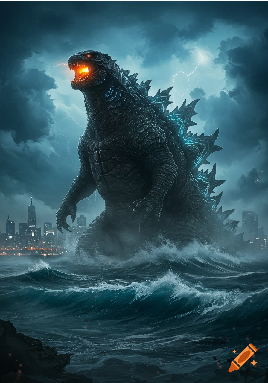Godzilla stomps through a burning, destroyed city at night with ...