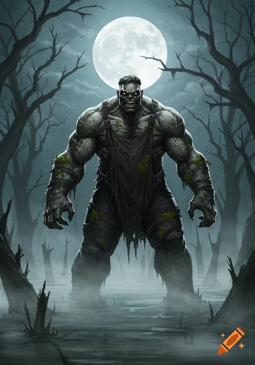 A menacing, anthropomorphic black bear covered in glowing green thorny ...