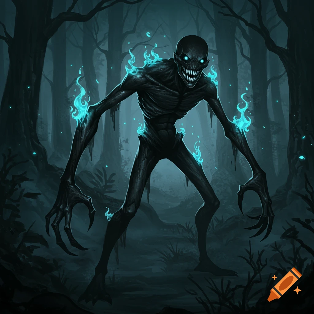A skeletal, monstrous creature with glowing blue eyes and turquoise ...