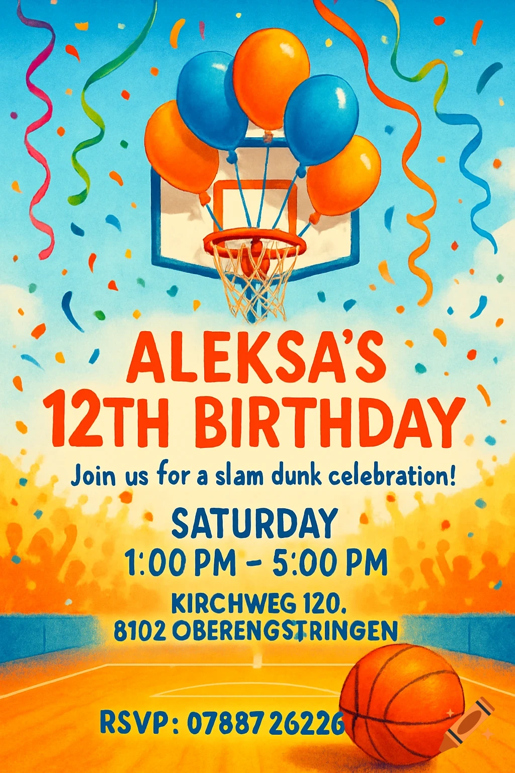 A vibrant, colorful birthday invitation with a basketball theme. It ...