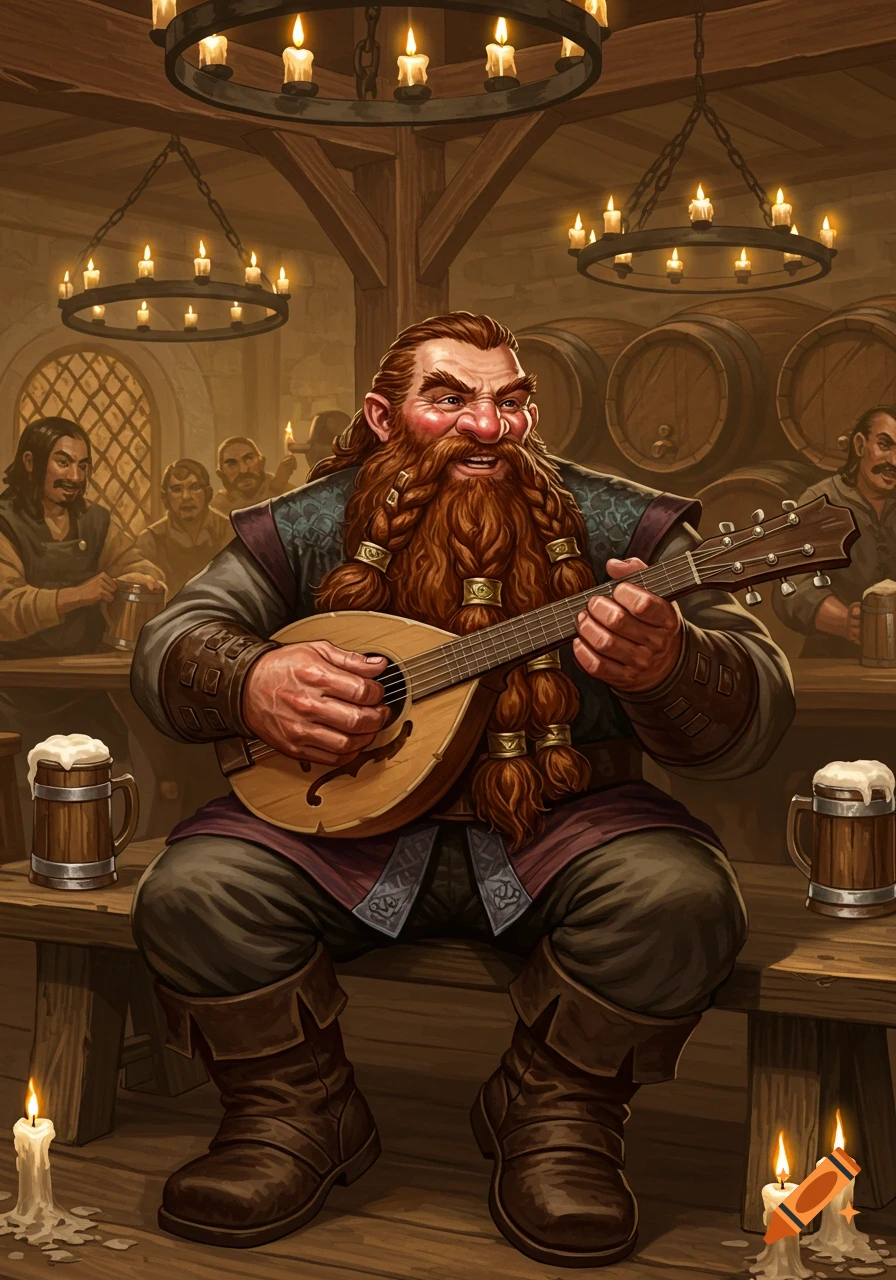 An illustration of a red-bearded dwarf bard playing a mandolin in a ...