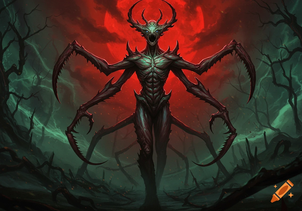 A fearsome insectoid demon with glowing blue eyes and sharp claws ...