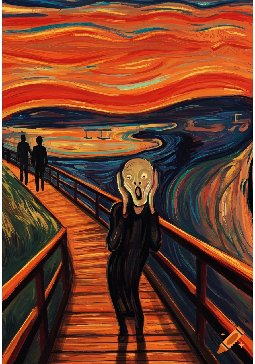 An expressionist painting of a figure screaming on a bridge with hands ...