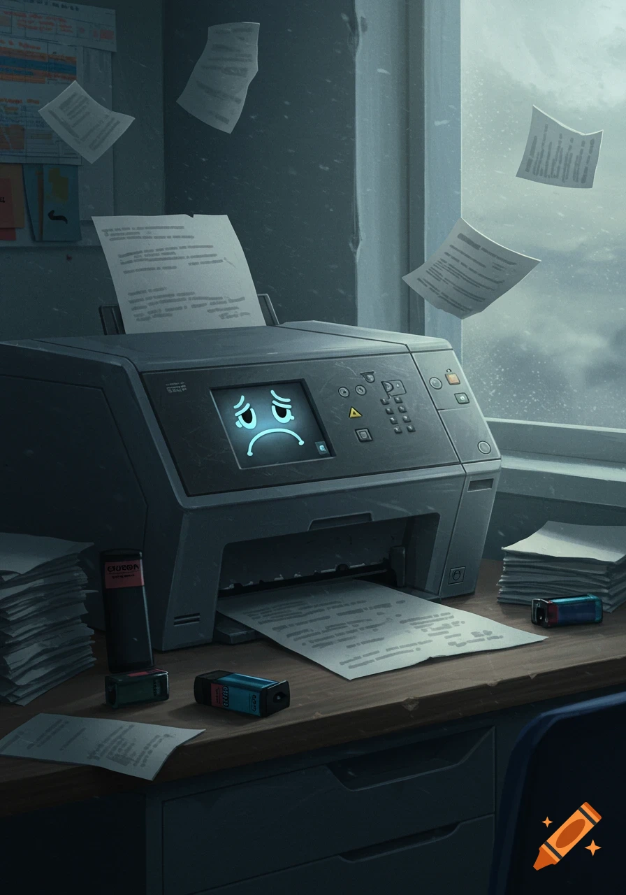 An illustration of a grey printer with a sad face on its screen ...