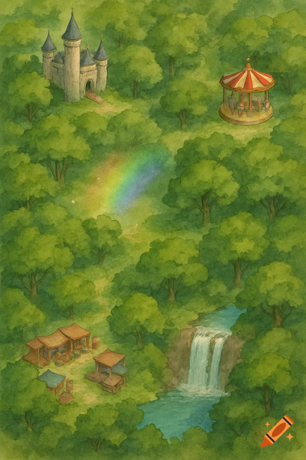 A whimsical top-down watercolor map showing a forest with a castle ...