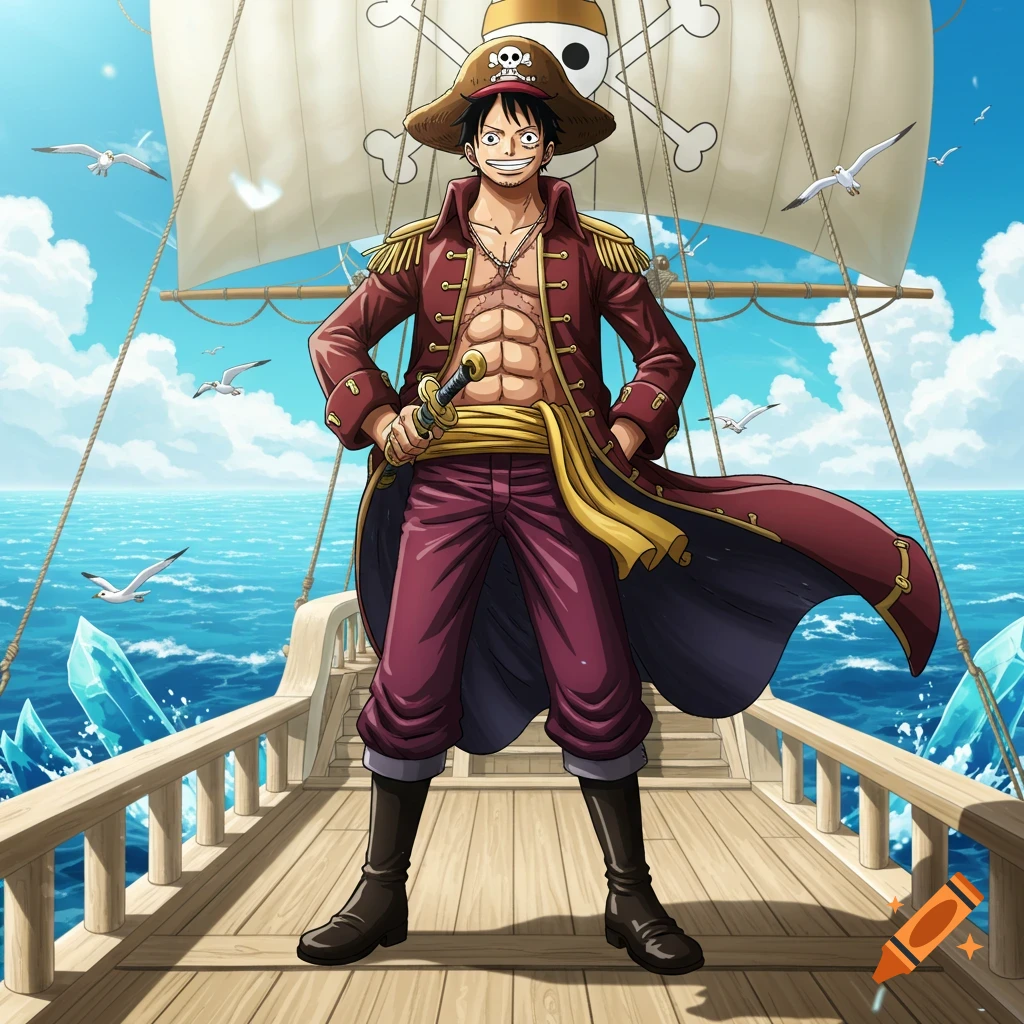 Dynamic anime illustration of Monkey D. Luffy leaping in a stormy sea ...