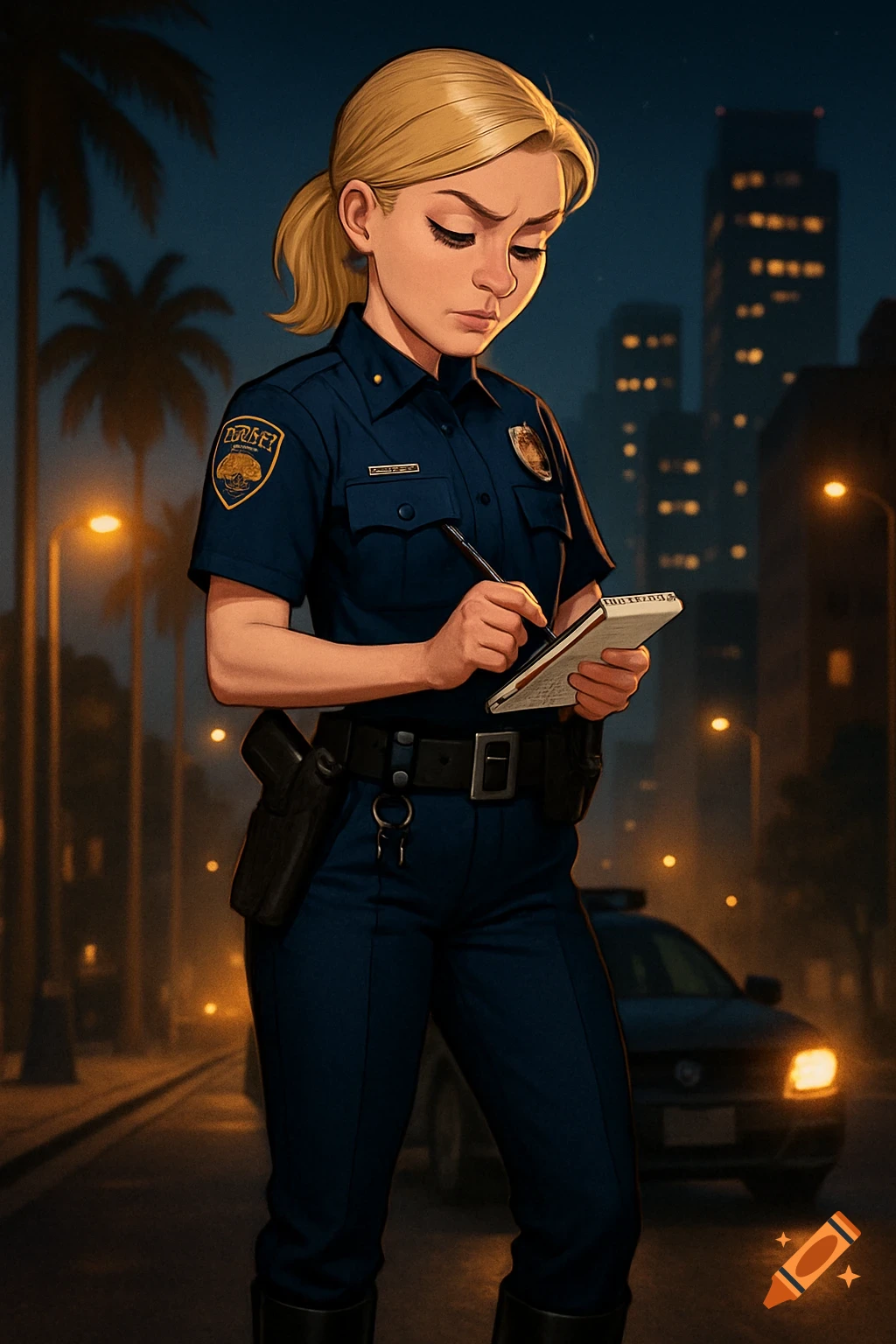 An attractive female police officer in a dark uniform with an ...