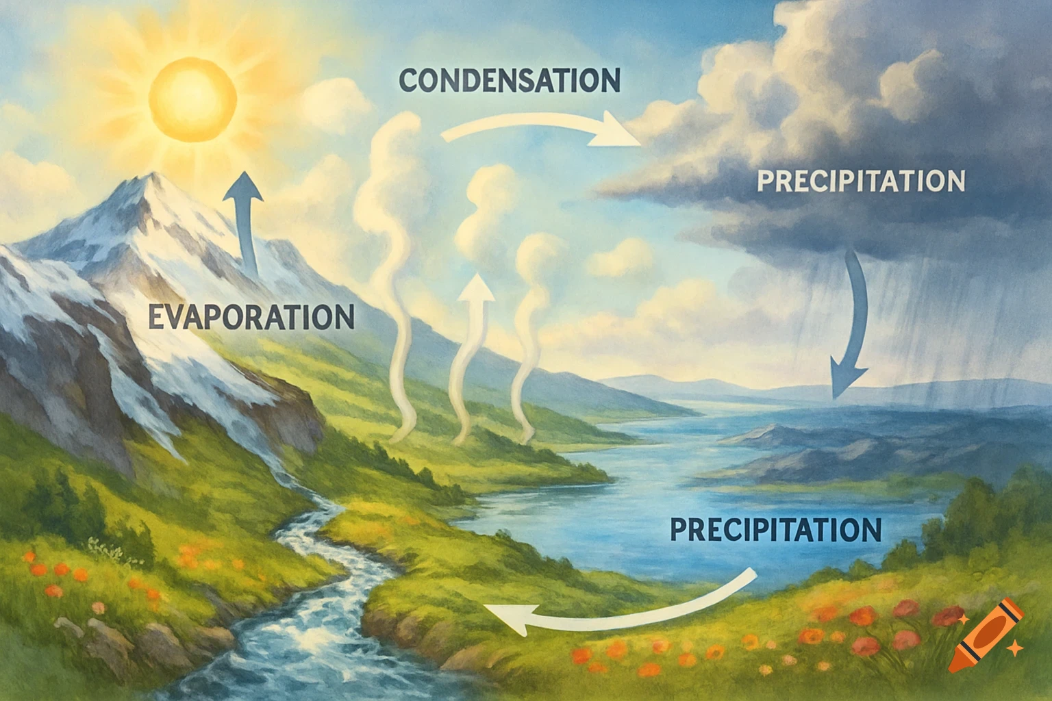An educational illustration of the water cycle with labels for evaporation, condensation, and ...