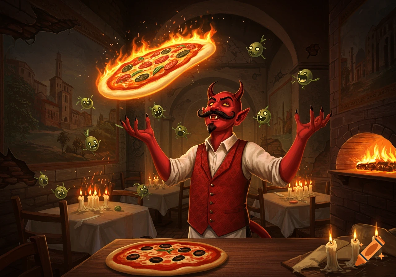 A whimsical illustration of a red Italian demon with a mustache ...