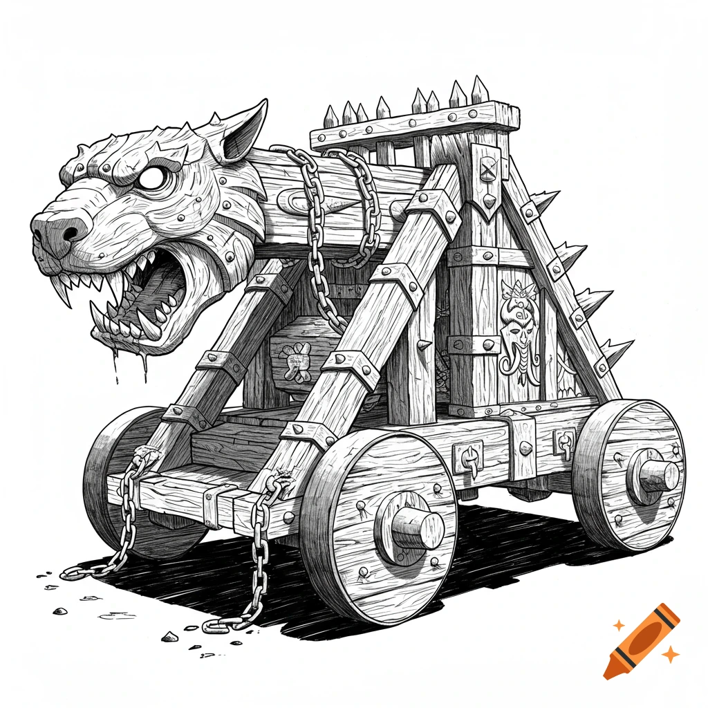Black and white D&D style drawing of a wooden battering ram siege ...
