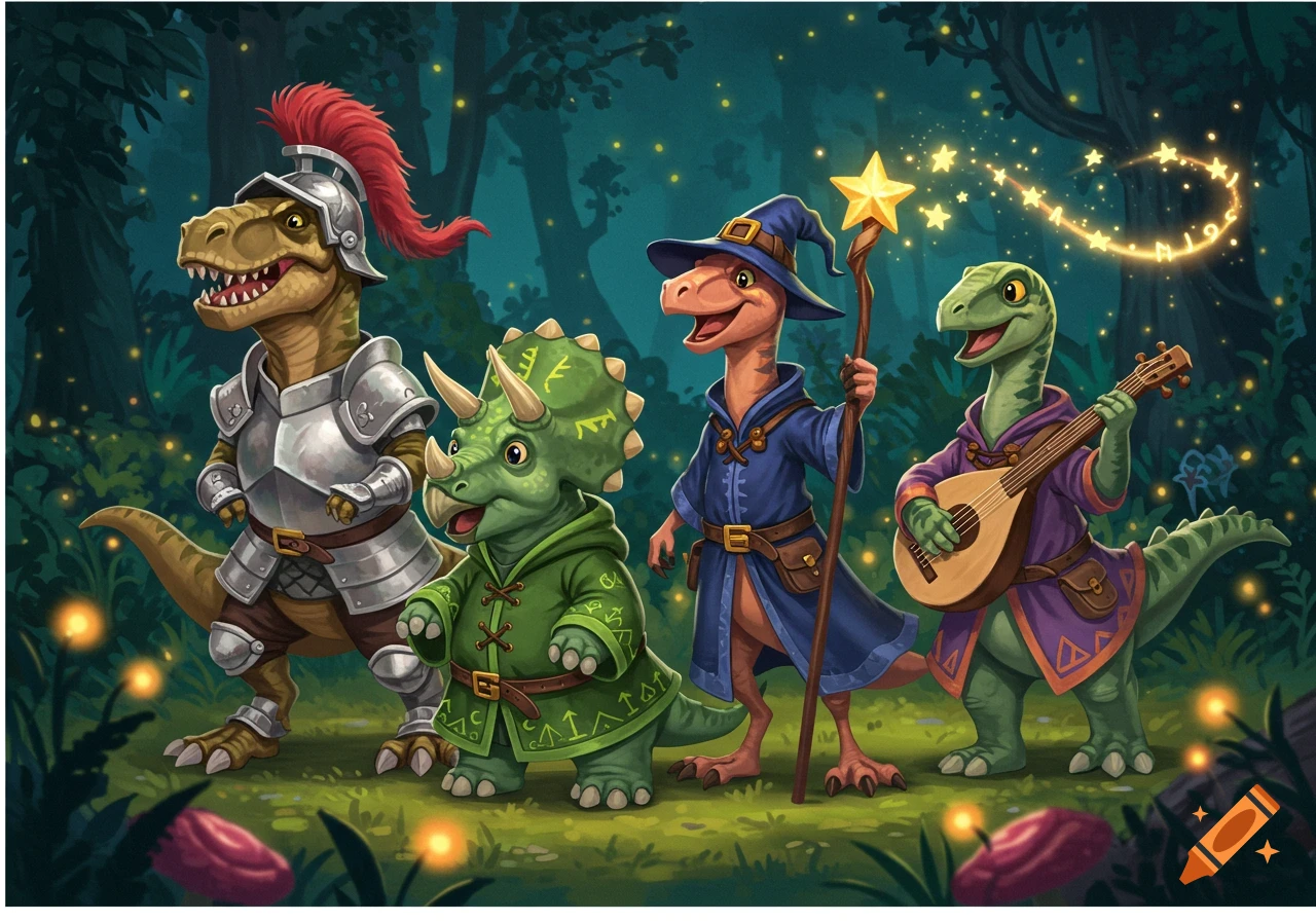 Four cartoon dinosaurs, including a T-Rex knight, a triceratops, a ...