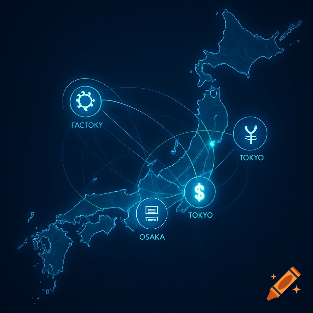 A glowing blue infographic map of Japan, featuring nodes labeled ...