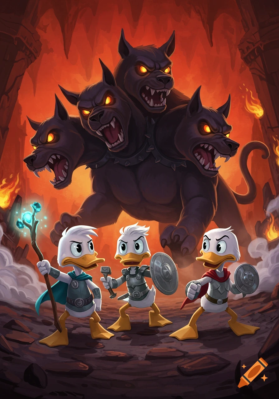 Three heroic cartoon ducks, dressed as warriors, face a giant roaring ...