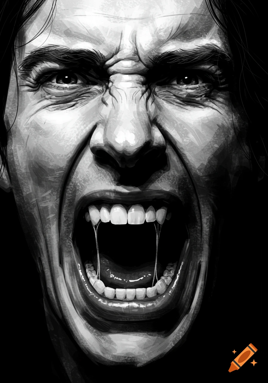 Close-up black and white gothic illustration of a man screaming with ...