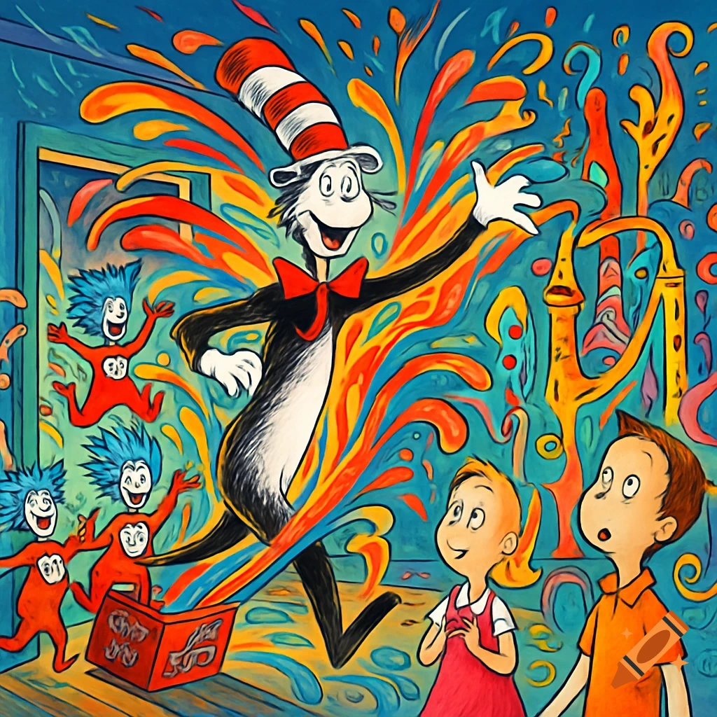 The Cat in the Hat bursts with color, surrounded by Thing characters ...