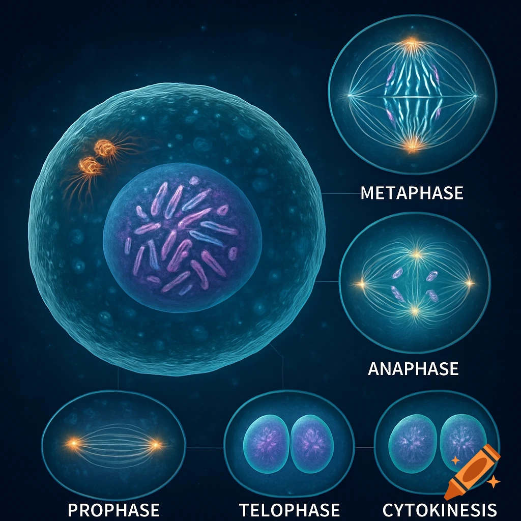 Detailed scientific illustration of animal cell mitosis, showing ...