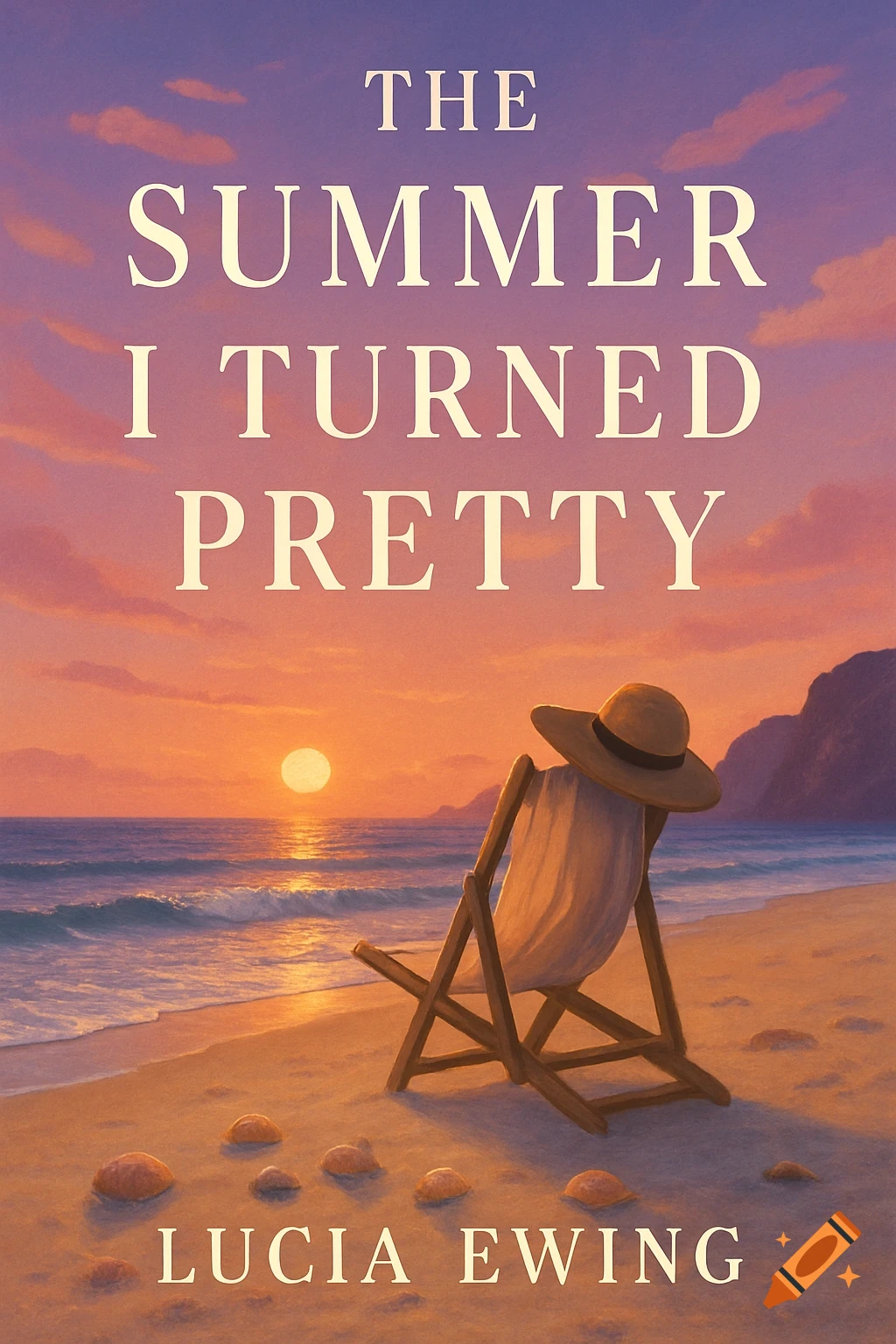 An illustrated book cover featuring a beach at sunset with a lounge ...