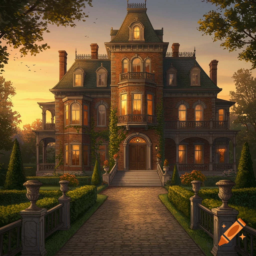 A grand, ornate mansion with glowing windows at twilight, seen through ...