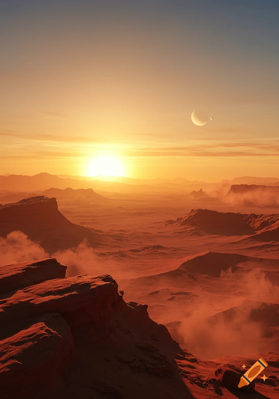 A vast, photorealistic desert landscape at night with a large planet ...