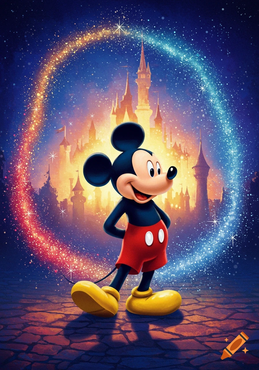 Mickey Mouse smiling and proudly holding the Polish flag on a sunny ...