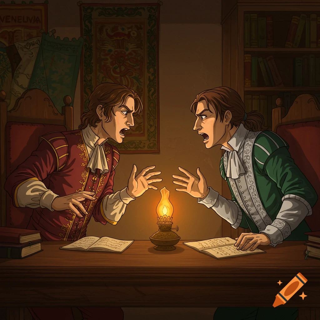 Anime-style illustration of two men in period attire angrily arguing ...