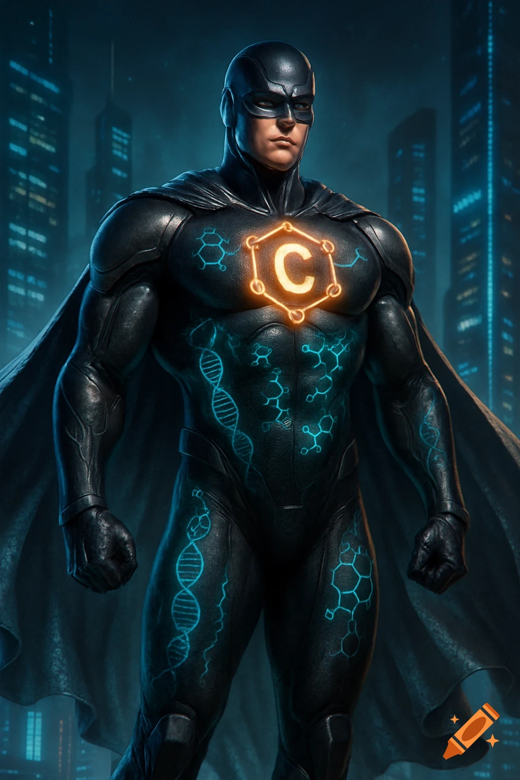 A dark-suited superhero, Captain Carbon, stands in a futuristic city. A ...