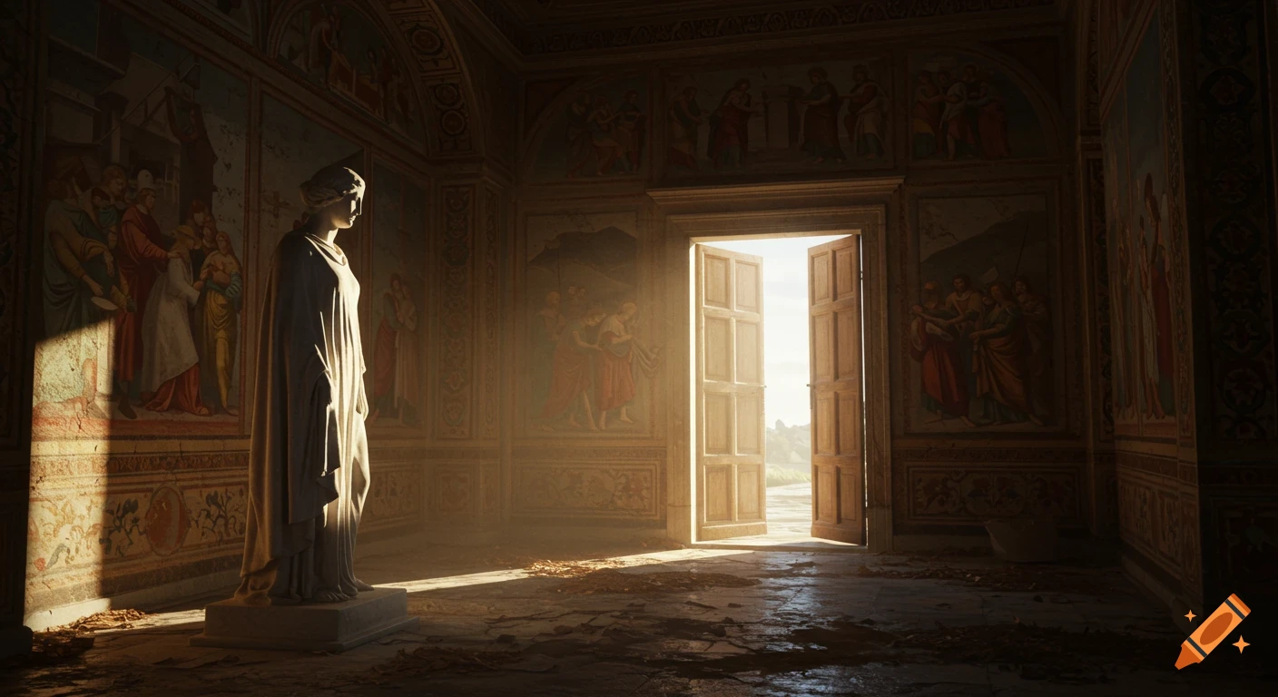Photorealistic image of an ancient draped statue in a sunlit ...