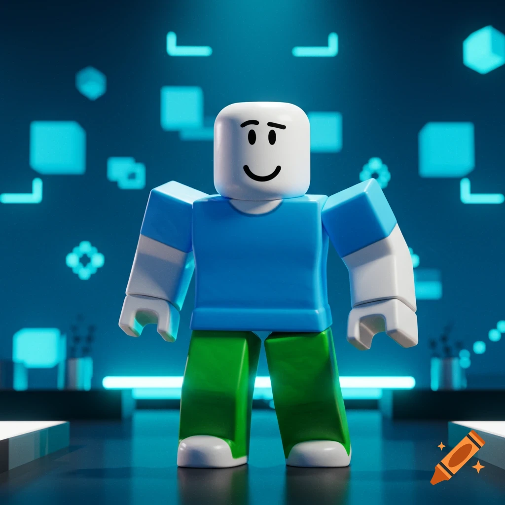 A 3D render of a Roblox character with a blue shirt, green pants, white ...