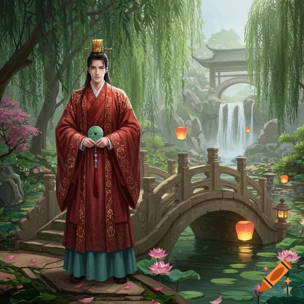 A smiling Chinese bride and groom in traditional red attire stand under ...