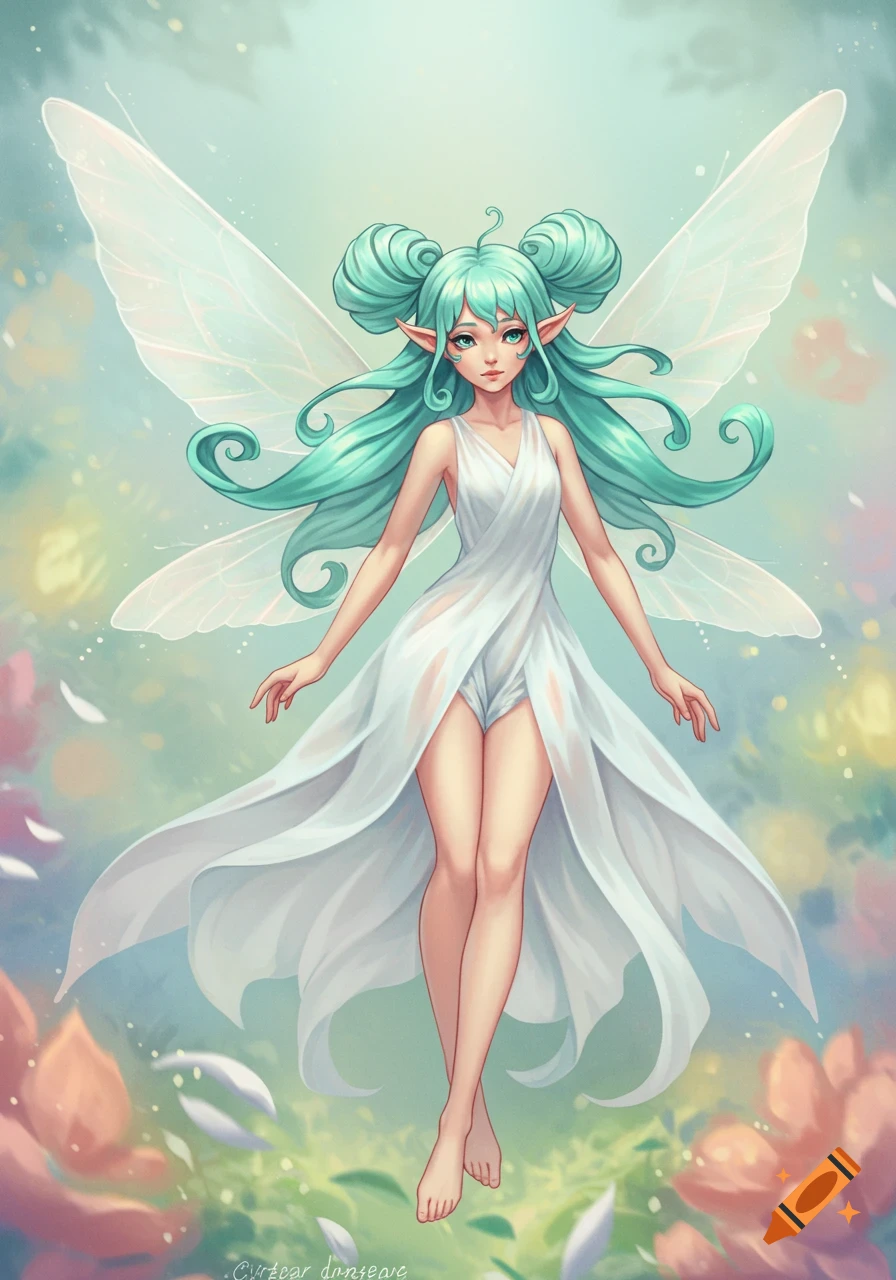 Cute fairy with shimmering eyes and smiling in studio Ghibli art style ...