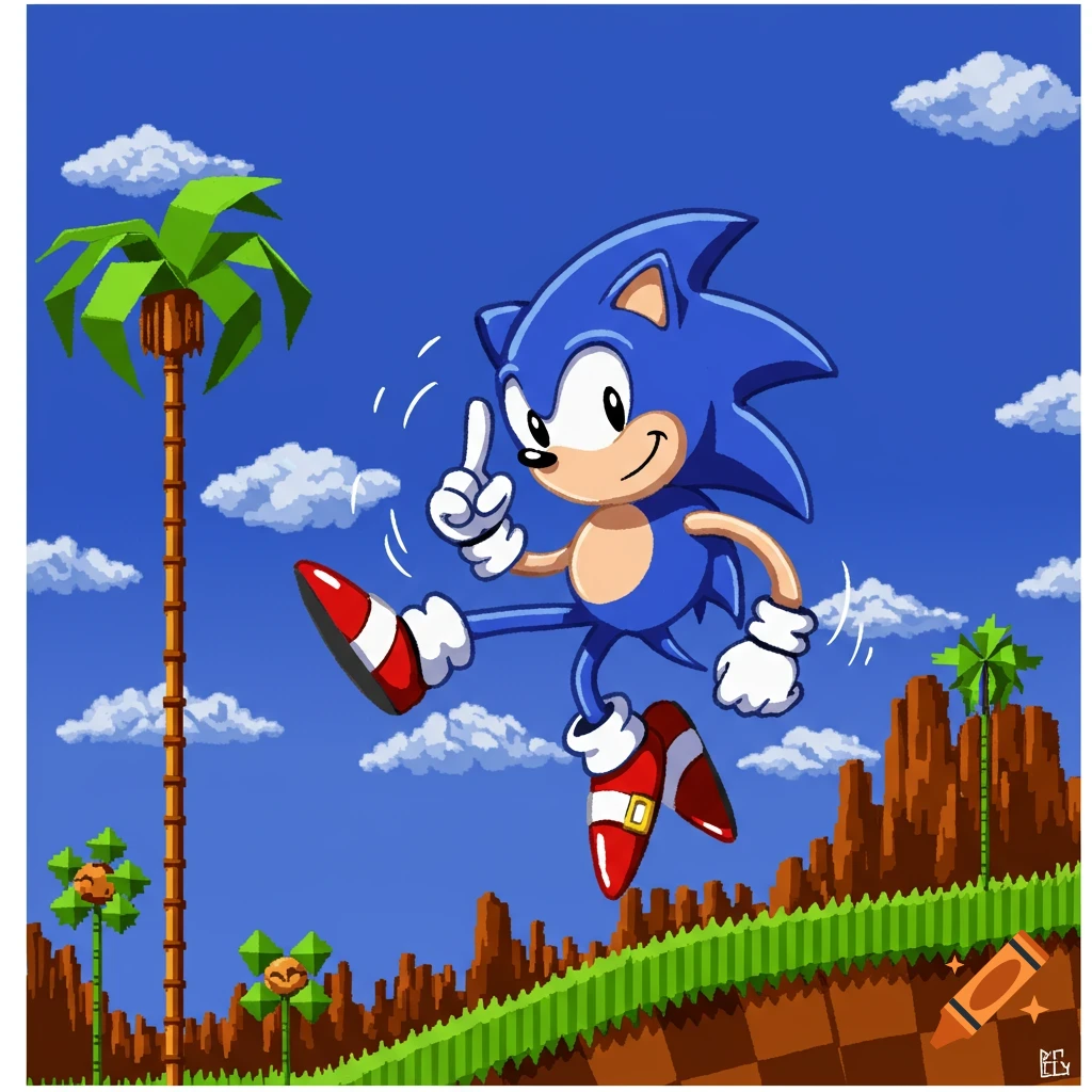 Classic Sonic the Hedgehog cartoon jumps, pointing a finger in a pixelated Green Hill Zone. on ...