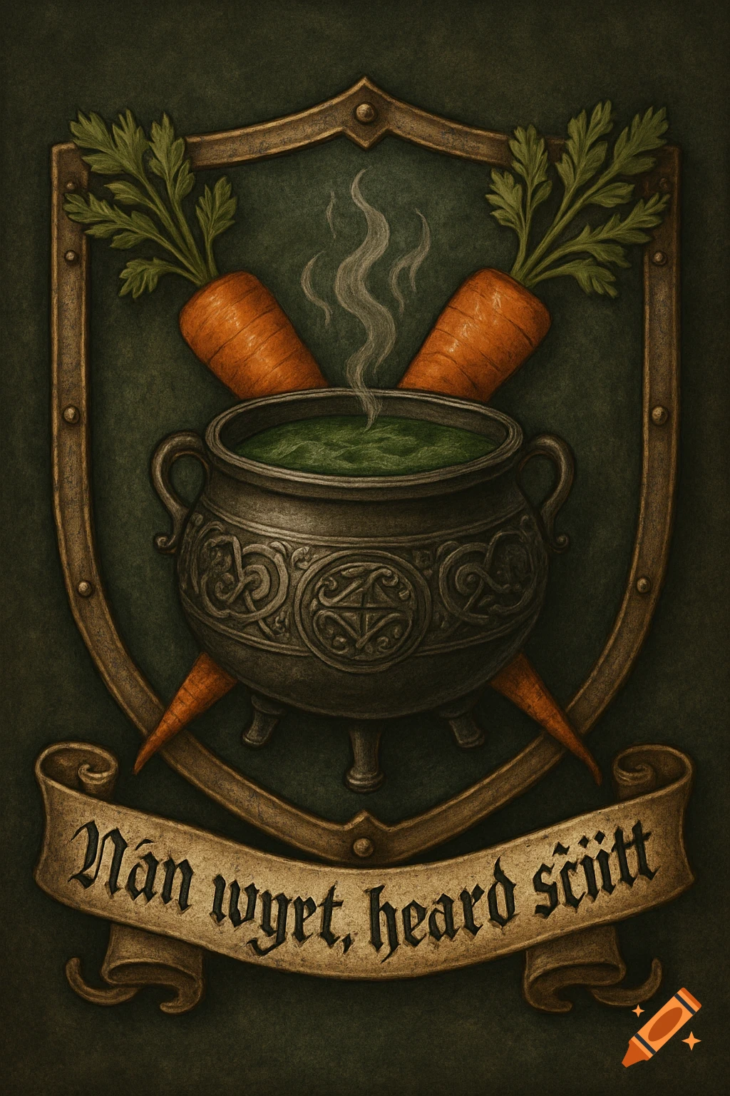 Medieval coat of arms with a steaming cauldron of green soup and two ...