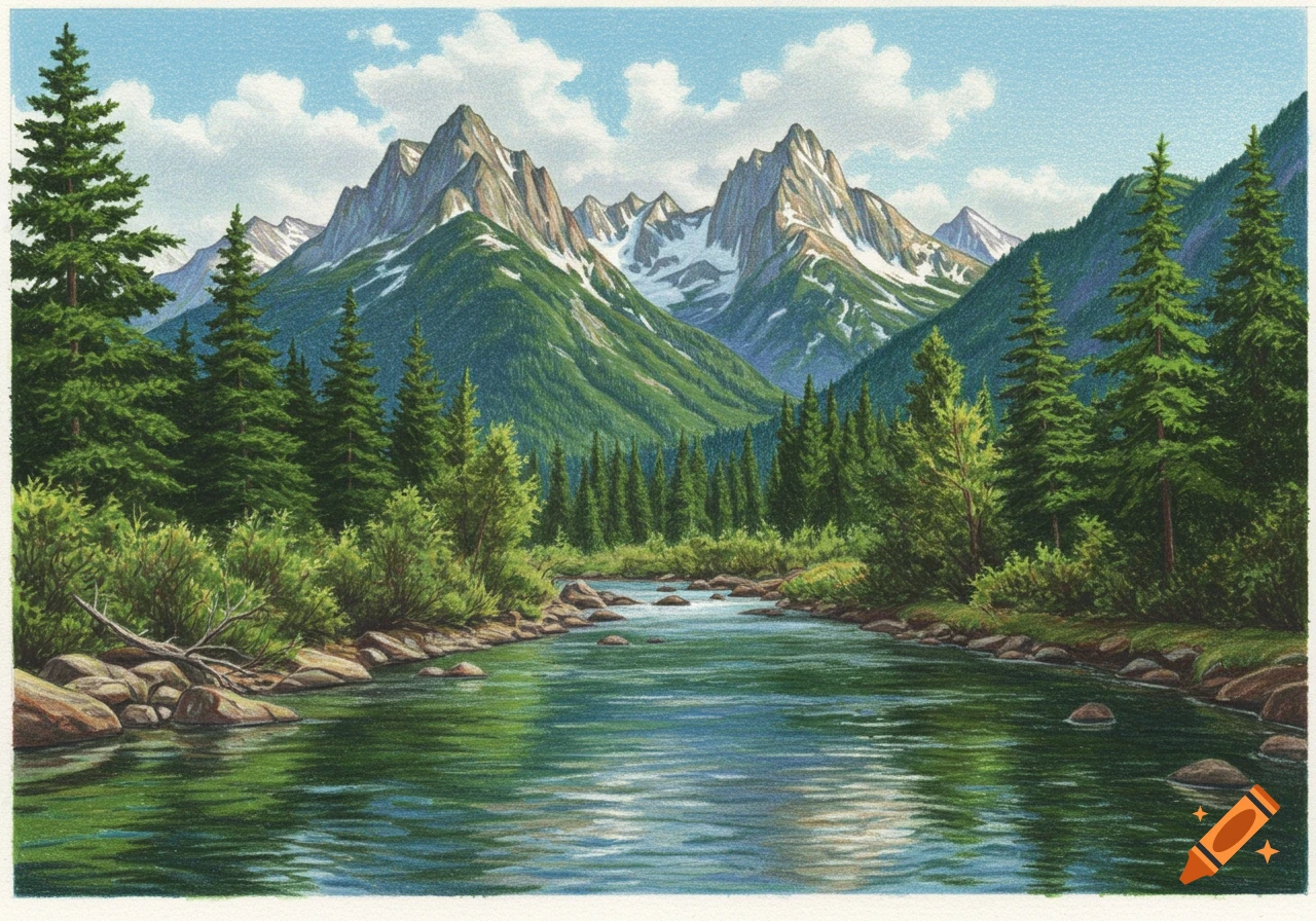 A vibrant colored pencil drawing of a majestic mountain range with snow ...