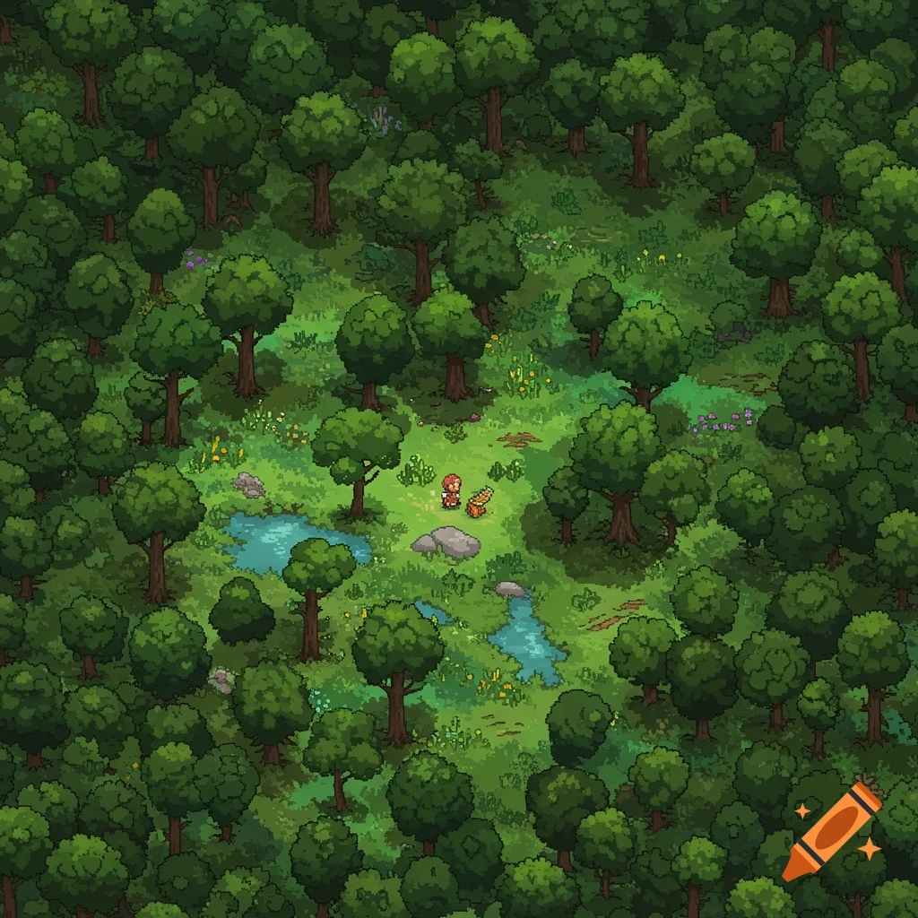 Top-down pixel art map of an enchanted forest with winding paths ...