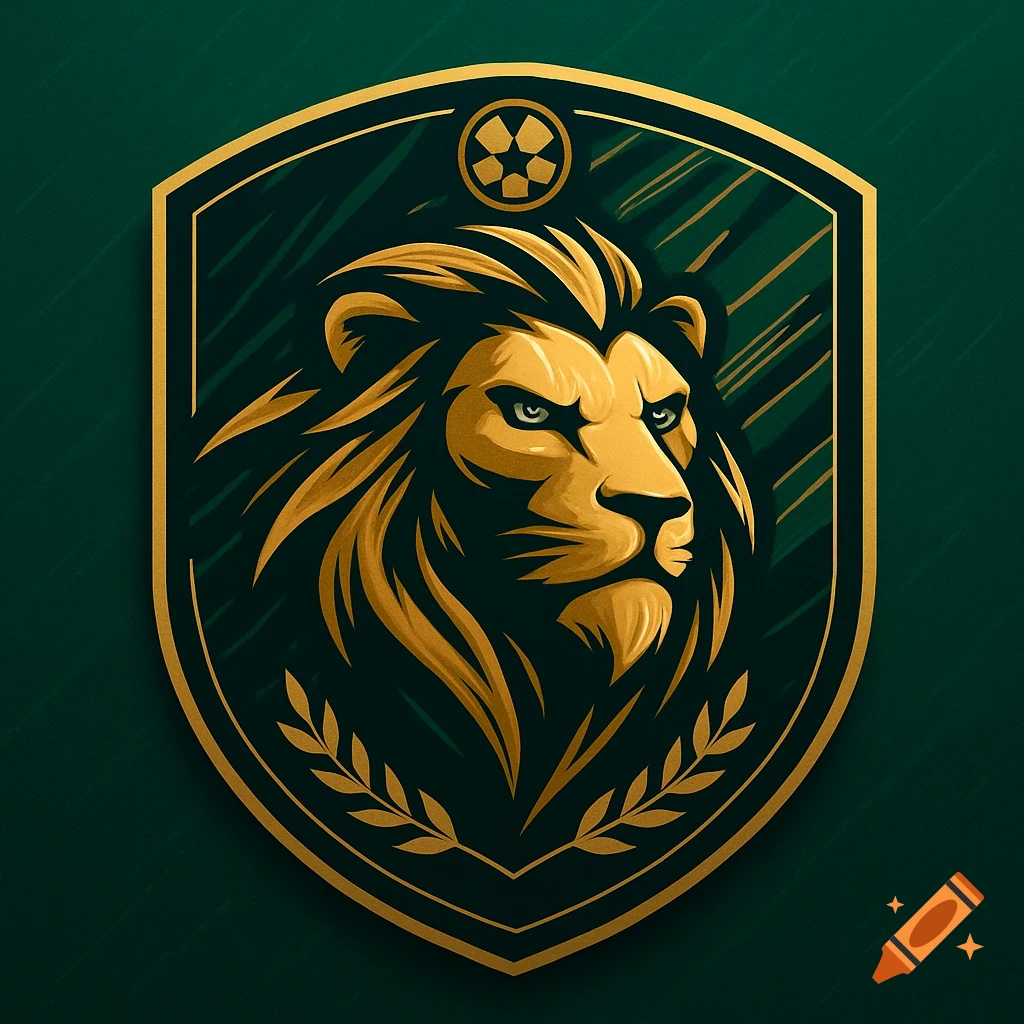 A gold lion's head on a dark green shield emblem with a soccer ball and ...