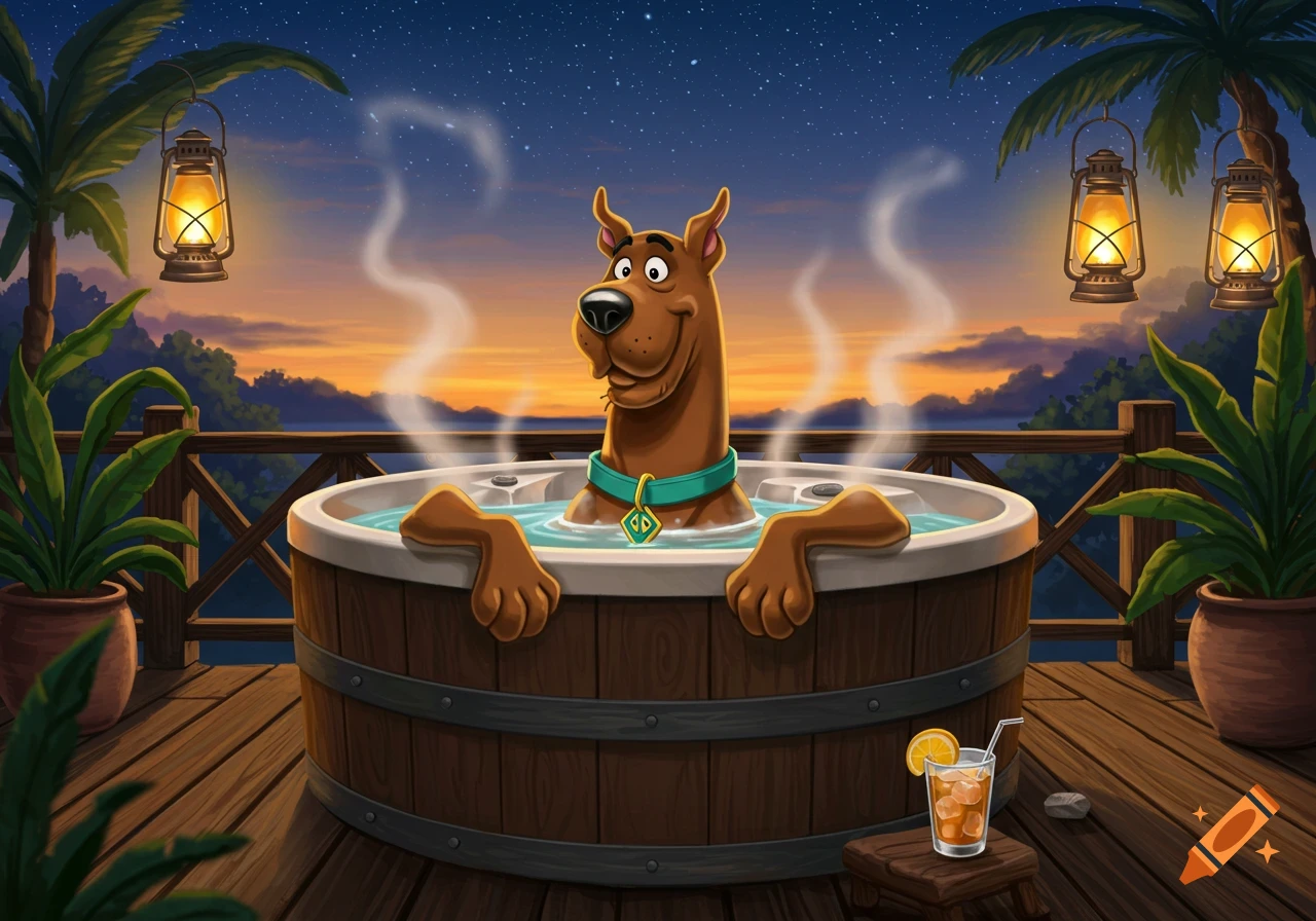 Scooby-Doo relaxing in a hot spring bath with cherry blossoms falling ...