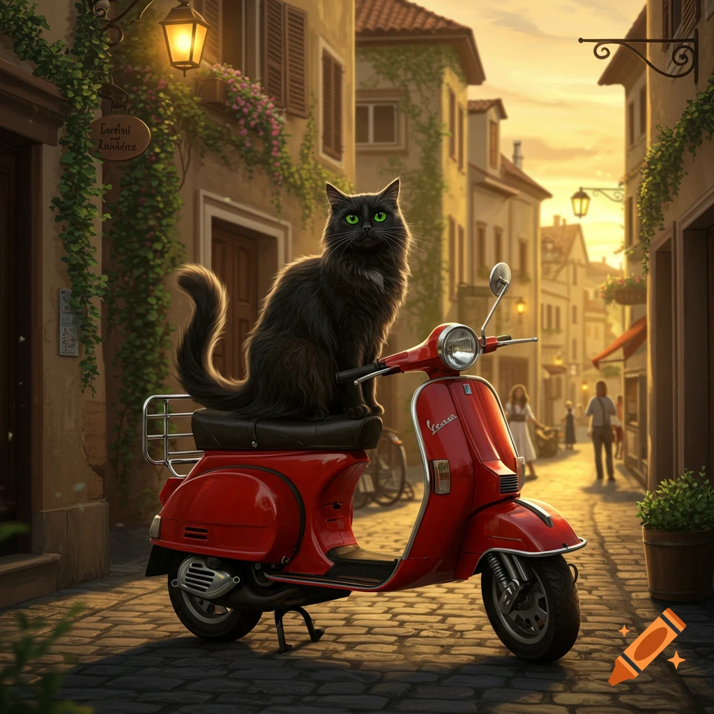 A skinny, cartoon cat wearing a cap and trainers rides a motocross bike ...