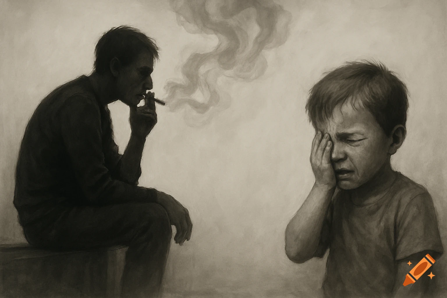 A grayscale drawing of a man smoking with smoke drifting towards a ...